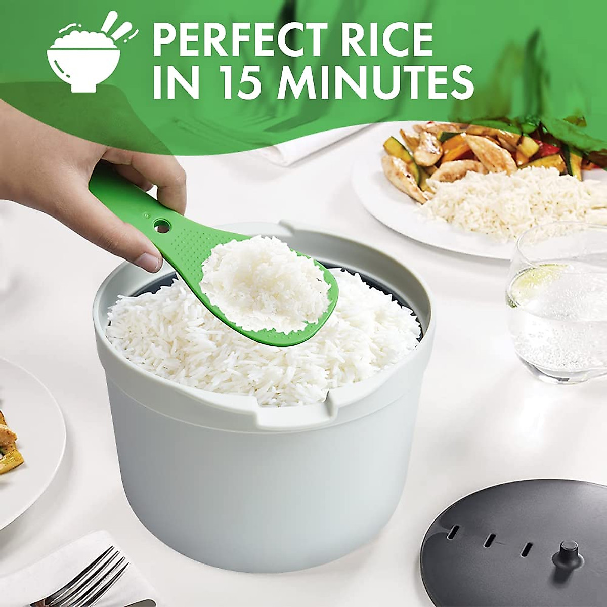 Microwave Rice Cooker 8 Cup Easy-Use Easy-Clean Microwaveable Brown White Rice Pasta Noodle Vegetable Cookware Plastic Rice Cooker Full Set with Lid Spatula Measuring Cup for Meal Prep Cooker