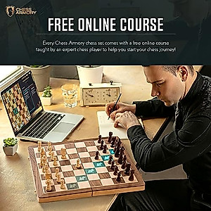 Chess Armory Magnetic Wooden Chess Set with Free Online Chess Course - 15 Inch Portable Travel Chess Board Game for Adults and Kids - Home Use and Educational Chess School and Chess Club Tournaments