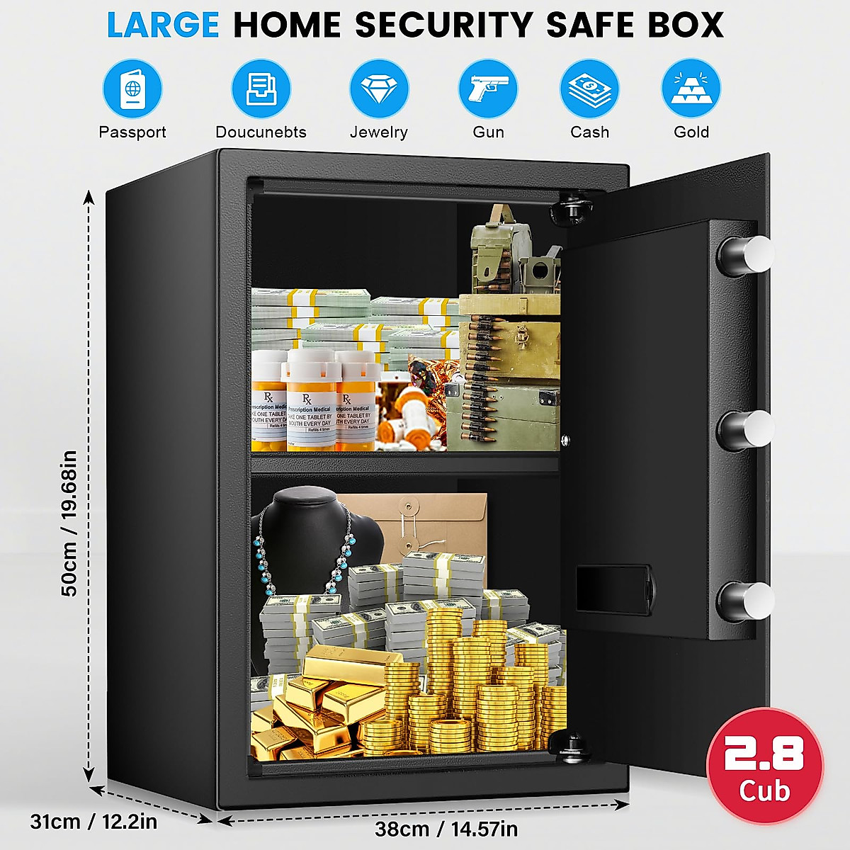 2.8 Cub Large Home Safe Fireproof Waterproof, Steel Home Security Safe Box with Electronic Keypad, Spare Keys and Alarm System, Fireproof Safe for Home Document Money Valuables