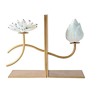 Book Ends Bookend Holder Ceramic Lotus Bookends Metal Base Book Ends Office Desktop Book Stoppers Creativity Book Stopper for Shelves Bookshelf
