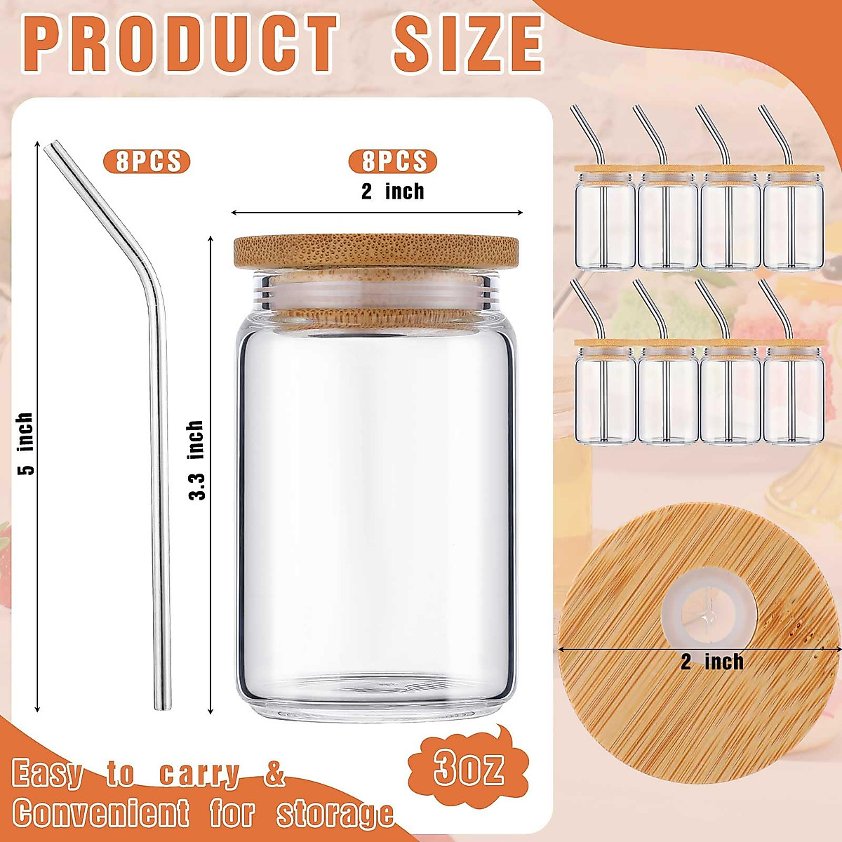 Nuogo 8 Pcs 3 oz Mini Glass Cups Mini Tumbler Shot Glass with Straw and Lid Sublimation Shot Glass Tumblers Blank Glass Cups for Wedding