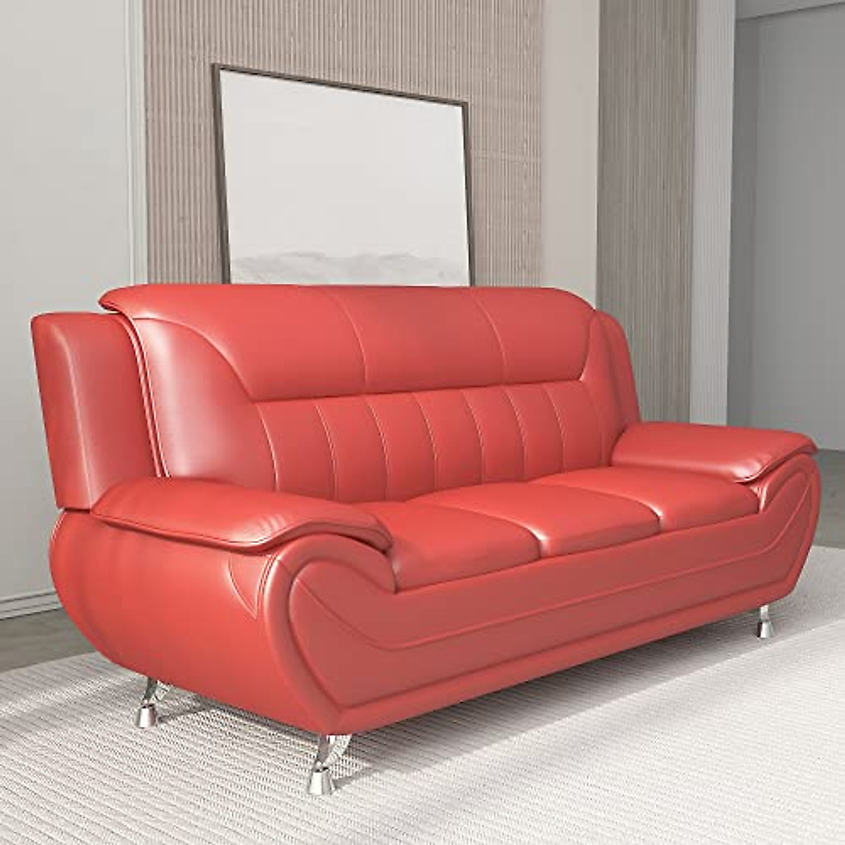 Container Furniture Direct Michael Modern Faux Leather Upholstered Stainless Steel Legs Living Room, Sofa, Persian Red