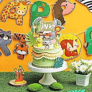 2 Pieces Safari Animals Happy Birthday Banner Cupcake Topper Jungle Theme Birthday Supplies, Safari Birthday Decorations Safari Baby Shower Decorations for Two Wild Theme Party Birthday Party Supplies
