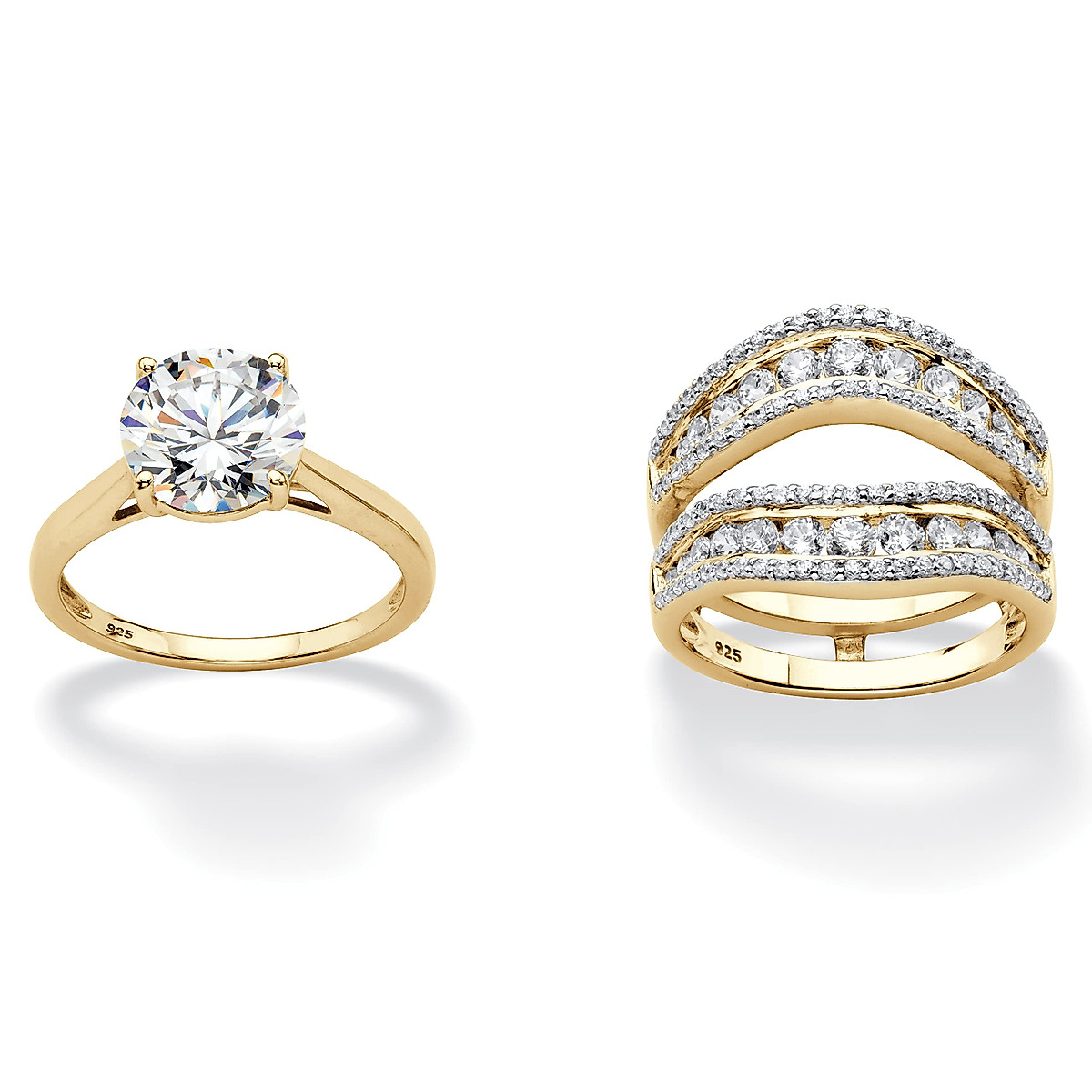 PalmBeach 18k Yellow Gold or Platinum Plated Sterling Silver Round Cubic Zirconia 2 Piece Jacket Bridal Ring Set Size 9