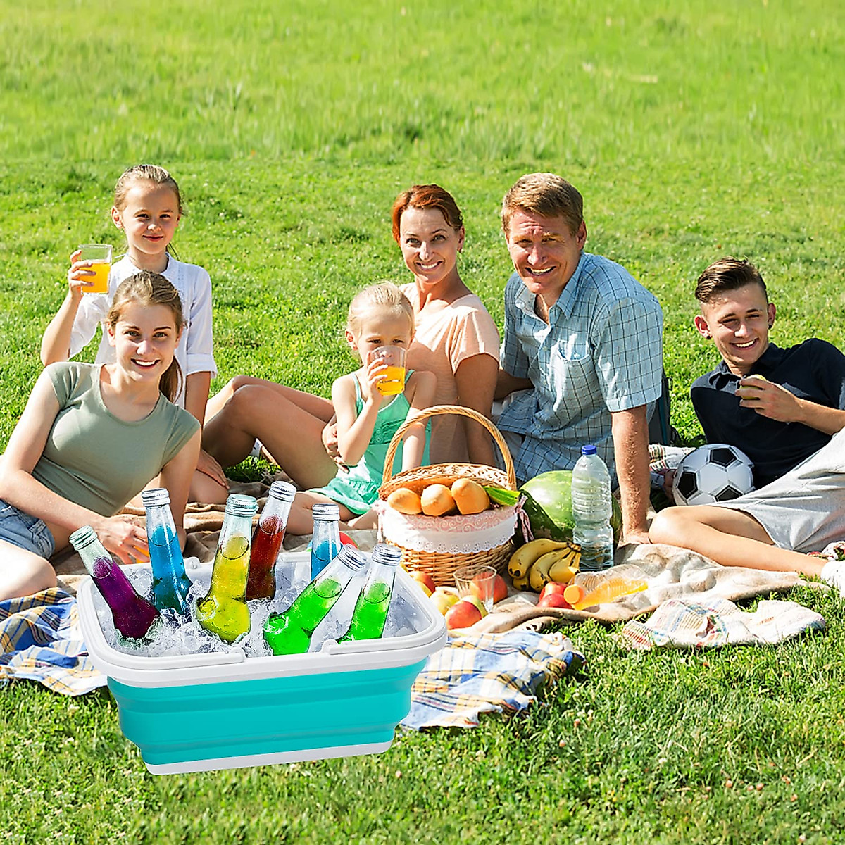 AUTODECO 2 Pack Collapsible Sink with Handle Towel, 2.37 Gal / 9L Foldable Wash Basin for Washing Dishes, Camping, Hiking and Home Blue