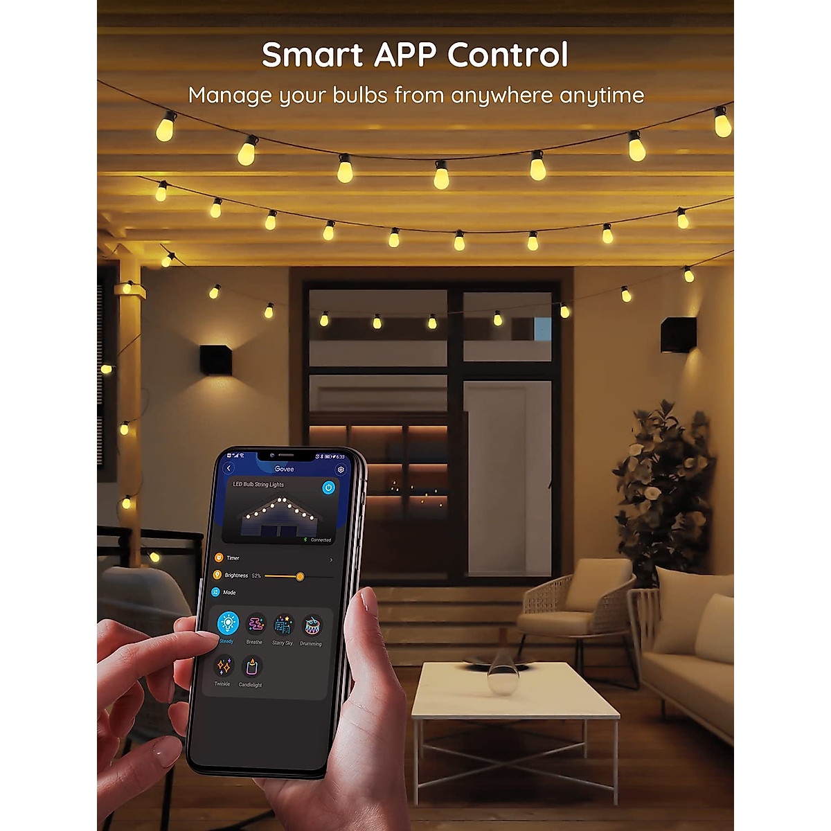 Govee Outdoor String Lights, 48ft WiFi Alexa String Lights with App Control, IP65 Waterproof Outdoor Lights with 15 Dimmable Warm White LED Bulbs for Balcony, Backyard, Party