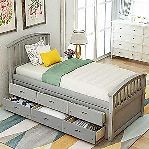 Merax Solid Wood Storage Bed Frame with 6 Drawers, Wooden Slat Support, No Box Spring Needed Grey