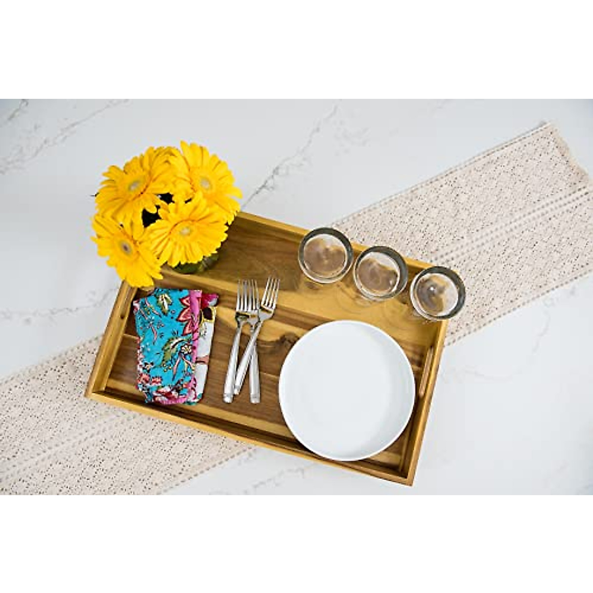 Lipper International 1295 Acacia Large Serving Tray with Cut-Out Handles for Snacks and Meals, 20 1/2" x 13 3/4" x 2 1/4"