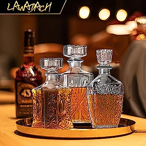LAWADACH Liquor Decanters Whiskey Decanter Set of 3 Glass Alcohol Bottle for Tequila, Brandy and Vodka Unique Liquor Bar and Party Decorations (28oz*2, 31oz*1)
