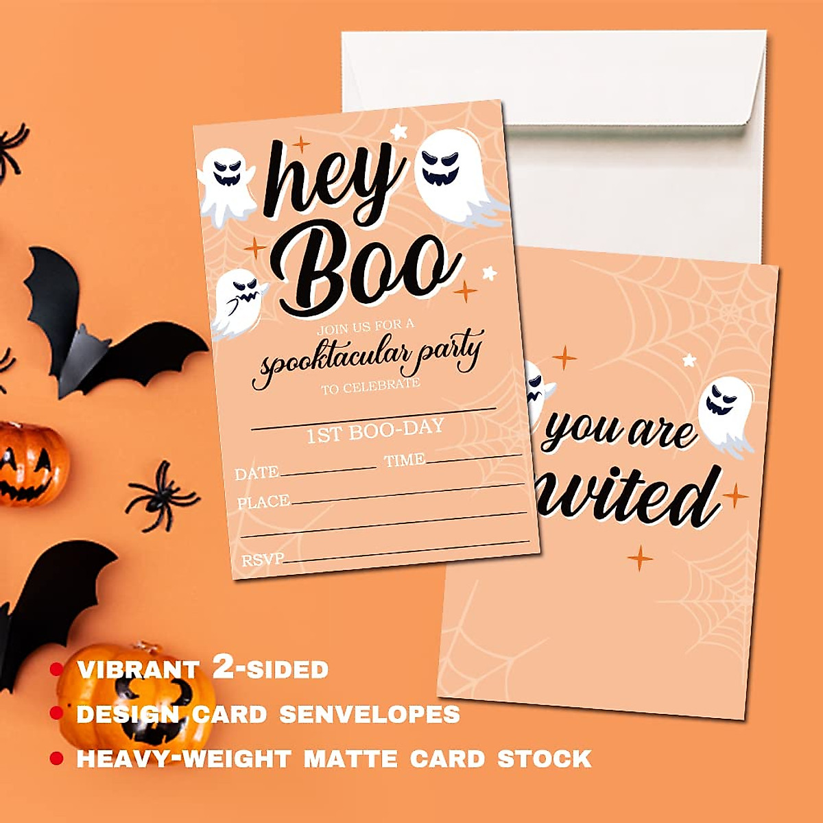 Deluxe Halloween or Costume Party Invitations, 25 Fill-in Cards with Envelopes, Pumpkin, Ghost, Monster, Cute Trick or Treat, Box or Treat for Kids Birthday or Adult party - 4"X6" (JRM358)