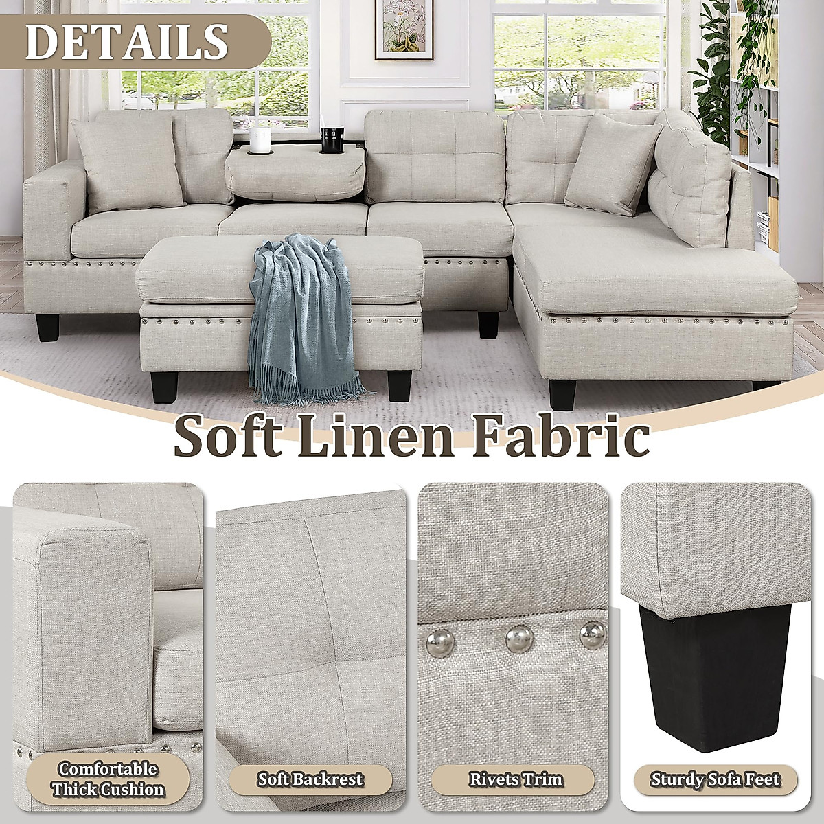 Yoglad Living Room Furniture Set, Sectional 5-Seater Sofa with Reversible Chaise, Corner Sofa Set with Ottoman, L Shaped Couch for Apartment, Living Room (104.5 Inch Linen, Light Gray)