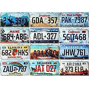 12 Pieces Vintage State License Plates for Decoration Tin Signs Vintage US State Number Tags Metal Vintage Automotive Signs for Man Cave Garage Bar Home Wall Decor, 6 x 12 Inch