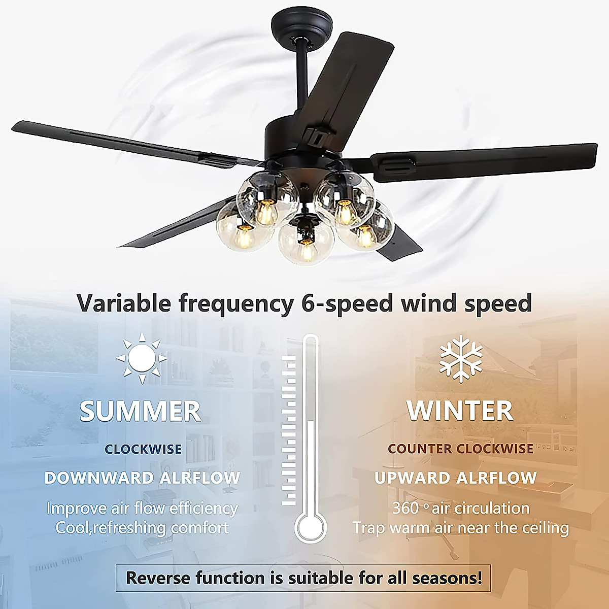 Black Ceiling Fan with Light and Remote 6 Speed Mute Metal Reversible Blades 5 Light 52" for Indoor Industrial Rustic Farmhouse Bedroom Living Room Dining Room