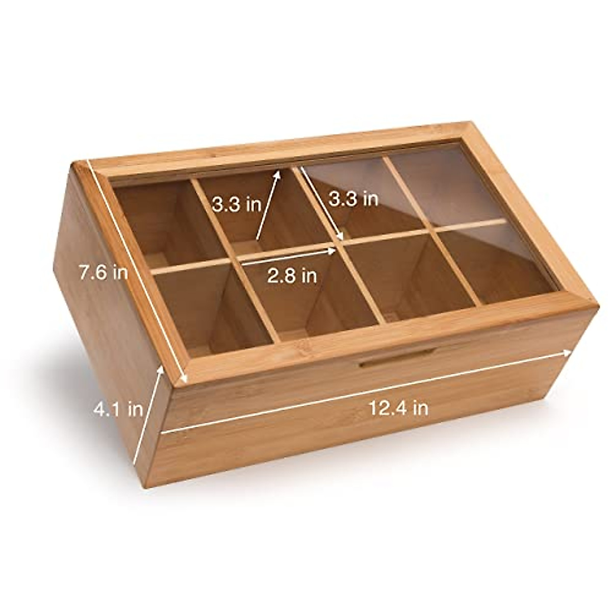 randomgrounds 100% Bamboo Tea Box Storage Organizer, Taller Size Holds 120+ Standing or Flat Tea Bags, 8 Adjustable Chest Compartments, Natural Wooden Finish
