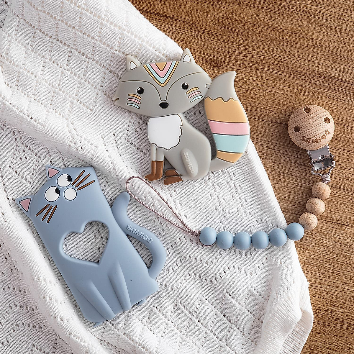 SAMiGO Baby Teething Toys Silicone Teether for Babies 0-6 and 6-12 Months Baby Chew Toys for Infant Boys and Girls - Blue Cat