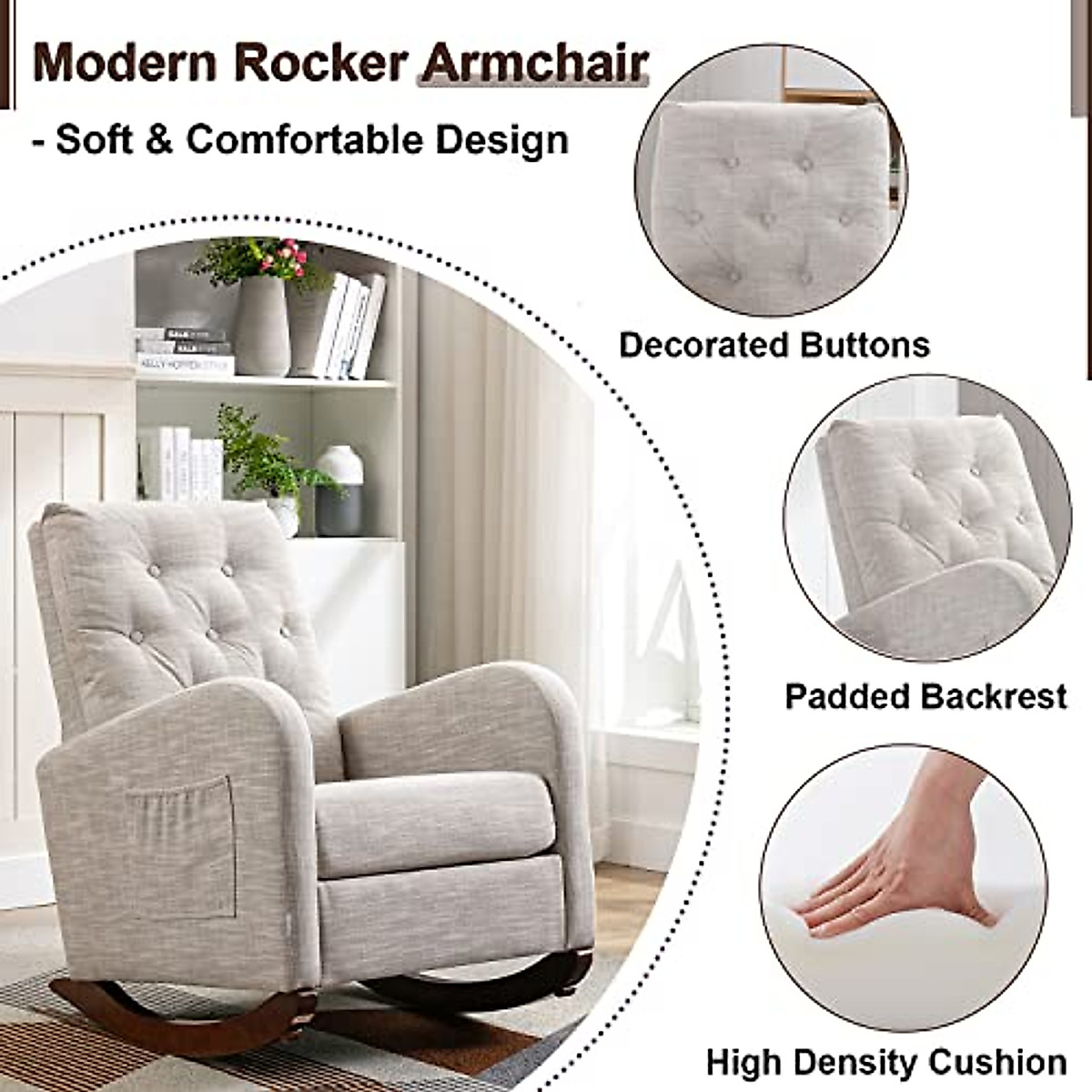 Modern Accent Rocking Chair, Upholstered Nursery Glider Rocker for Baby and Kids, Comfy Armchair with Side Pocket, Living Room Lounge Arm Chair, High Backrest with Decorative Buttons, Light Grey