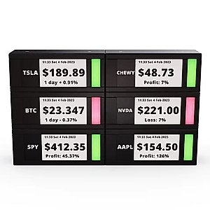 TickrMeter - A Stock Ticker Display for Home and Office - Features: Portfolio Playlist, Stock Alerts, Crypto Currencies, E-Ink Screen, Stackable Design, WiFi Connected, Track Positions