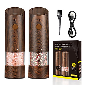 Electric Salt and Pepper Grinder Set - Automatic Pepper and Salt Grinder Refillable with 6 Adjustable Coarseness Adjustable Ceramic Core with LED Light Rechargeable Pepper Grinder-2 Pack Wood Grain