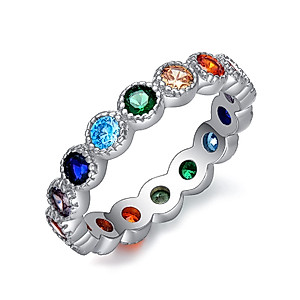 MBSUUH Chakra Ring 925 Sterling Silver Heart 7 Colorful Chakra Rainbow Ring for Women