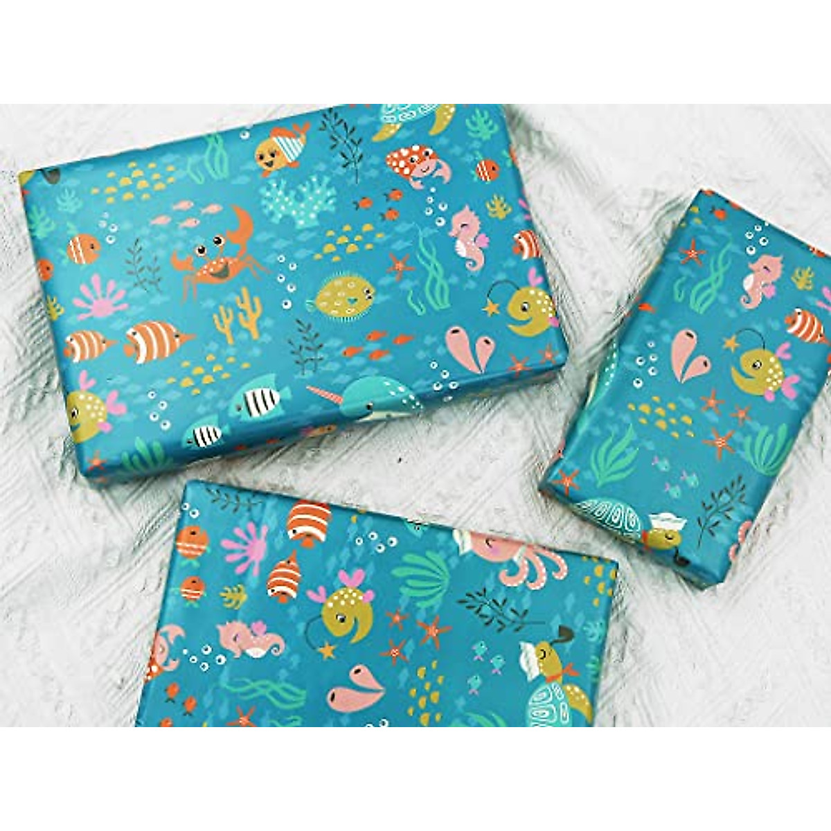 Ocean Themed Birthday Wrapping Paper For Kids Girls Boys, Under the Water Animal Coastal Design Gift Wrap Paper for Birthday Baby Shower Children's Day, 4 Sheets Folded Flat 20x28 Inches Per Sheet