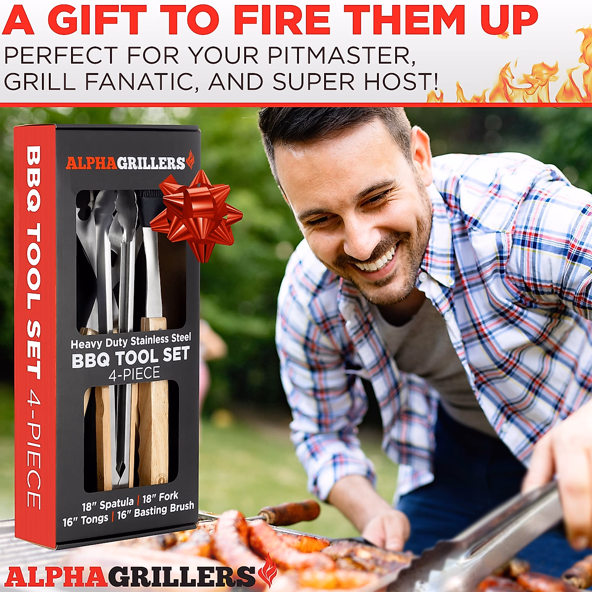 Alpha Grillers Grill Set Heavy Duty BBQ Accessories - BBQ Gifts Tool Set 4pc Grill Accessories with Spatula, Fork, Brush & BBQ Tongs - Grilling Cooking Gifts for Men Dad Durable, Stainless Steel