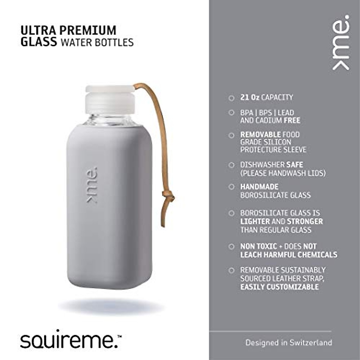 SQUIREME. Y1 Borosilicate Glass Water Bottles, Clear Bottle, Reusable, BPA Free, Tumbler, Dishwasher Safe, Drink Container, Silicone Sleeve, Easy-Off Lid, Hot and Cold Liquid, Concrete Grey 20oz