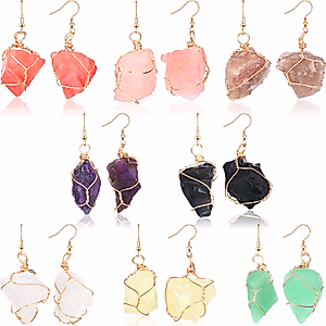 8 Pairs Handmade Crystal Drop Earrings for Women Natural Raw Amethyst Dangling Earrings Healing Crystals Earrings Sets(Novel Style)