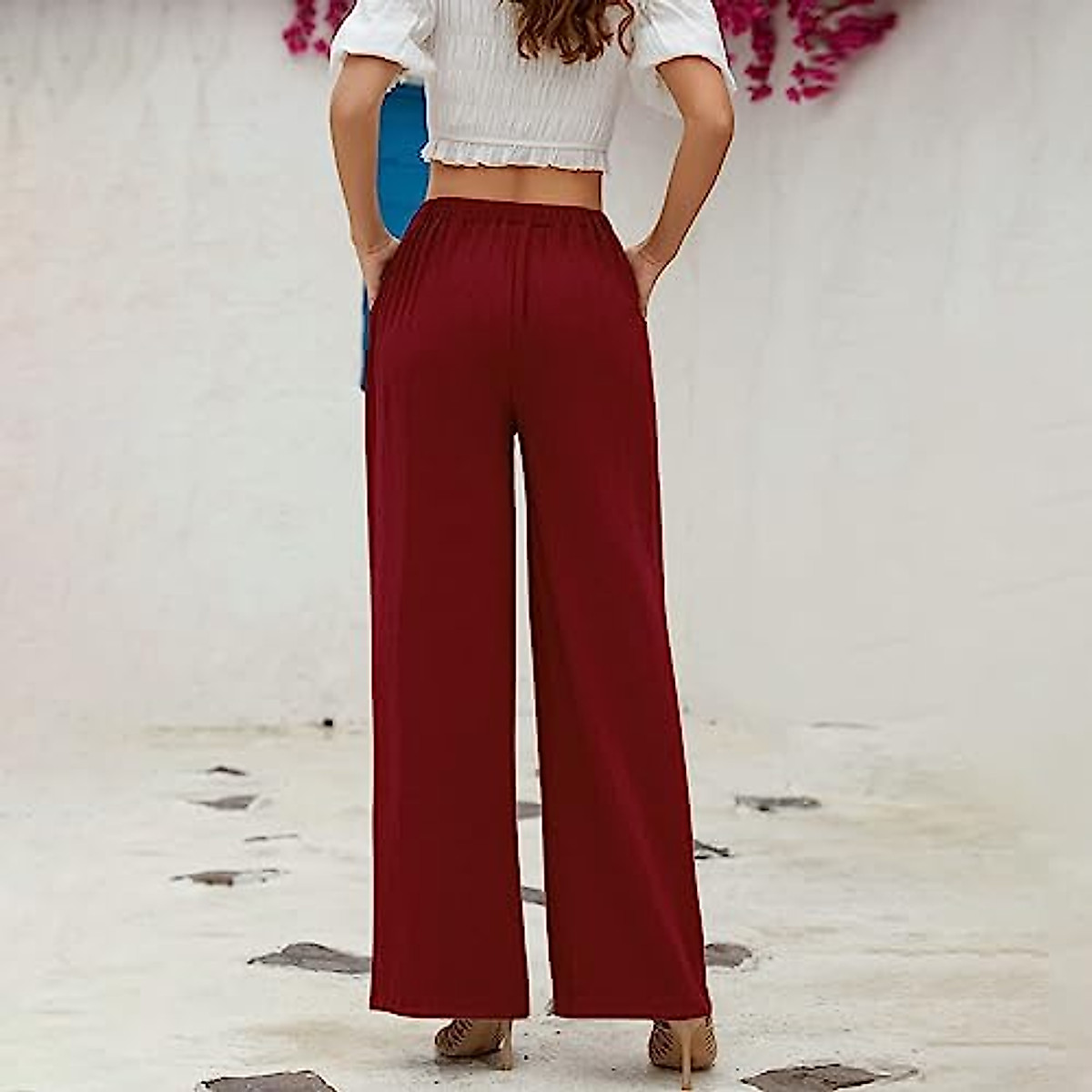 IAMAGOODLADY Wide Leg Trousers Women Linen Pants Women Summer Waisted Elastic Waistband Palazzo Pants Wide Leg Pants for Women High Waist Women Linen Capri