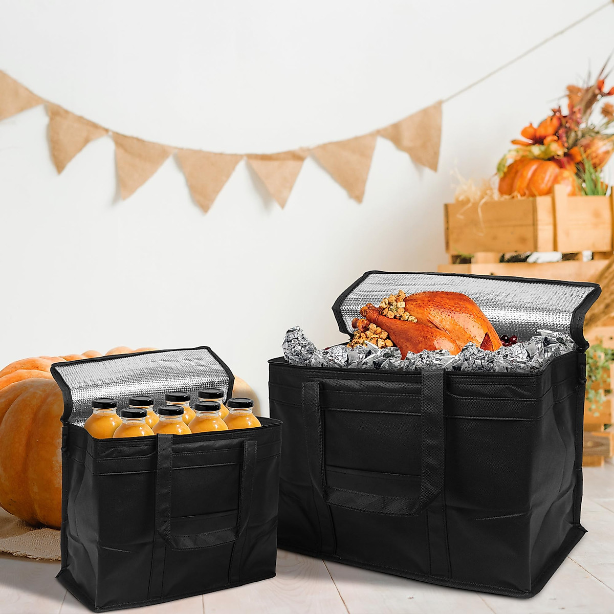 APQ Supply Black Insulated Food Delivery Bag 16 x 13 x 9 Inches, Insulated Grocery Bags with Zippered Top, Pack of 2 Heavy Duty Catering Bag for Food Deliveries, Insulated Bags for Food Delivery