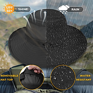 Sukeen Mens Sun Hat Wide Brim Breathable UPF50+ Waterproof Fishing Hat Removable Hat Top Boonie Hat for Hiking Garden Safari Black