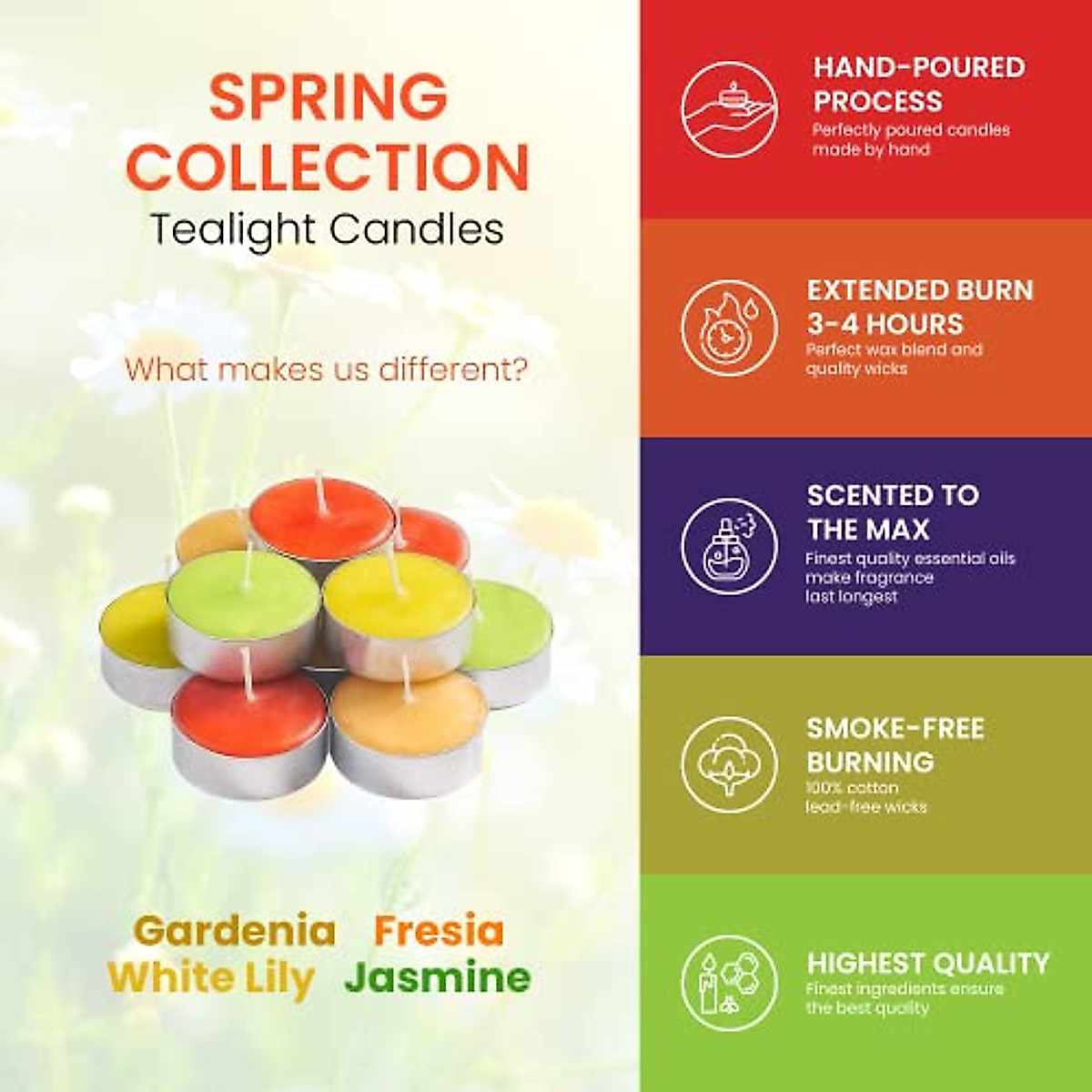 Spring Candles for Home Scented Tea Lights Candles - Spring Candle Set of 64 - Gardenia, Freesia, White Lily, Jasmine - 3-4 Hour Extended Burn Time - Spring Candles for Home, Holiday, Wedding & Party