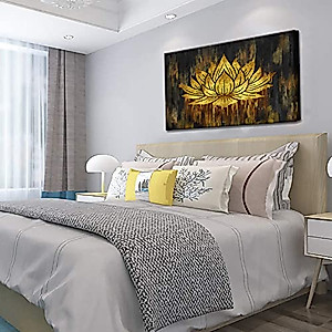 Abstract Lotus Canvas Wall Art Water Lily Flower Picture Print Artworks Gold and Black Floral Painting Poster for Bedroom Living Room Home Wall Decor Stretched and Framed Ready to Hang 20"x36"