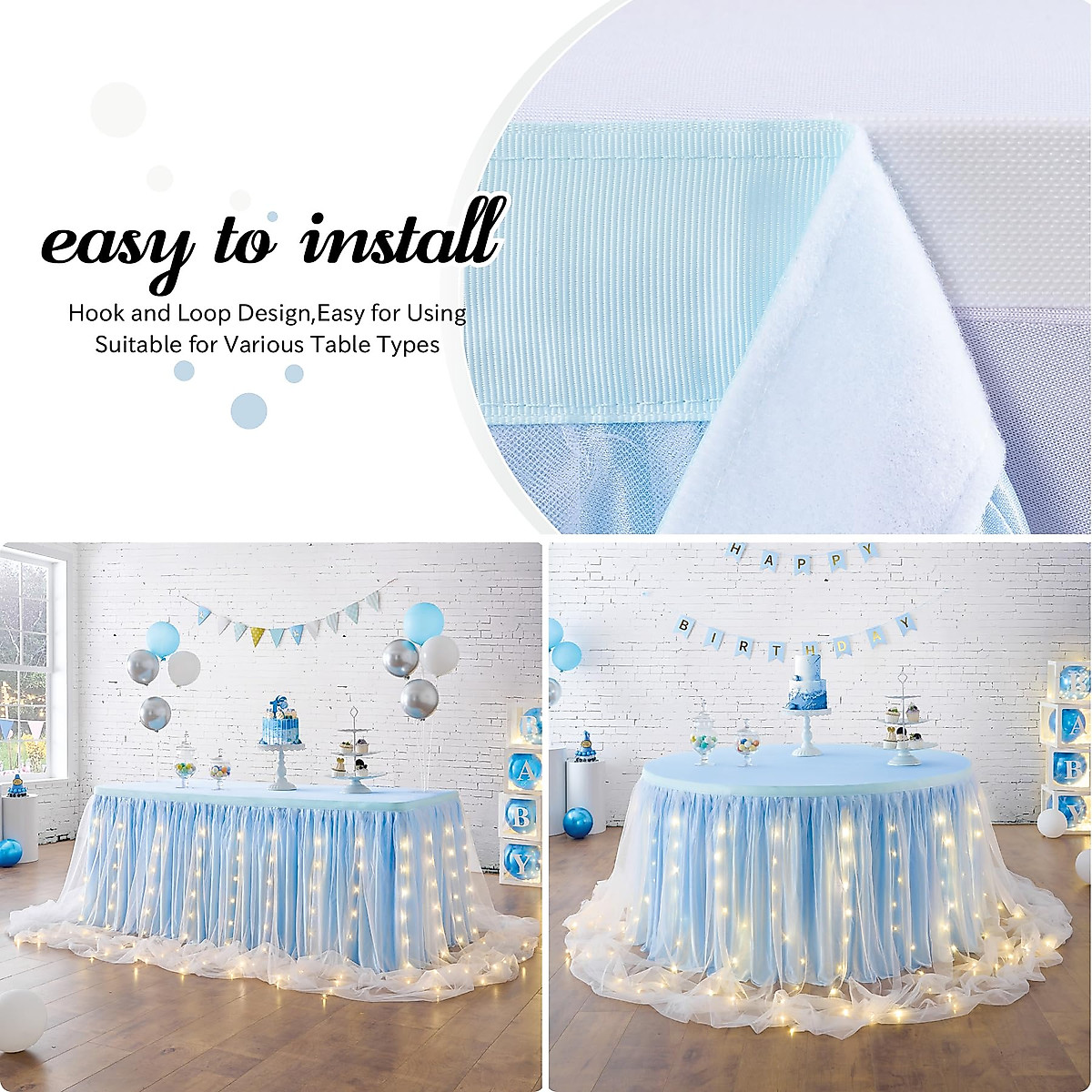 leegleri Baby Blue Tulle Table Skirt for Baby Shower,6FT Blue Ruffle Tutu Table Skirt with LED Light for Elephant Birthday Party Ocean Baby Shark Gender Reveal Cake Table Decorations