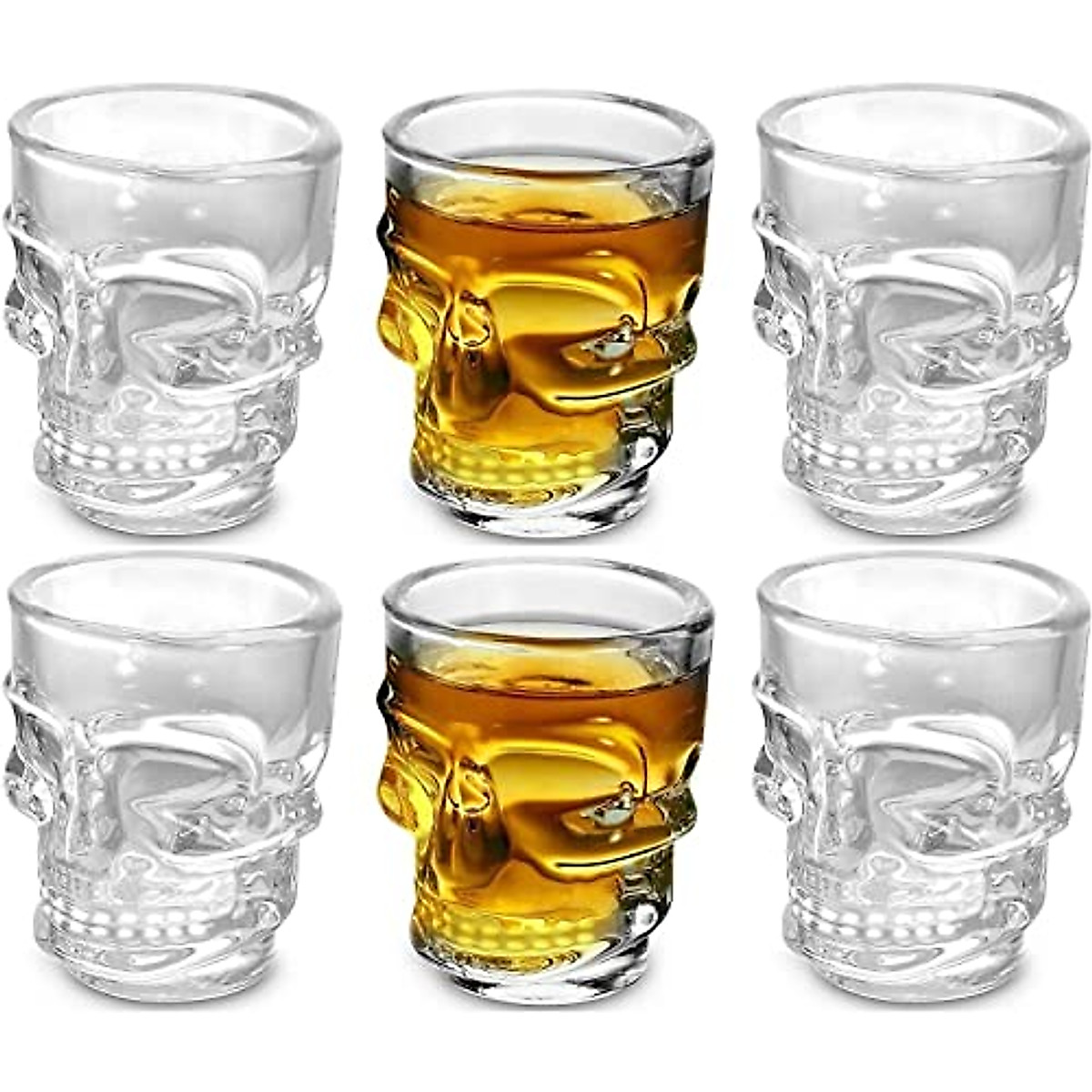 Circleware Skull Face Heavy Base Whiskey Shot Glasses, Set of 6, Party Home and Entertainment Dining Beverage Drinking Glassware for Brandy, Liquor, Bar Decor, Jello Cups, 1.75 oz, Clear