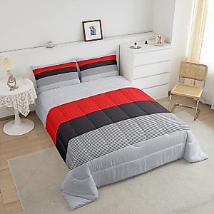 Erosebridal Stripes Duvet Insert for Women, Gray and Black Red Patchwork Striped Bedding Set, Modern Abstract Art Comforter Set Ombre Bright Gray Stripes Quilt Farmhouse Decorations, Queen Size