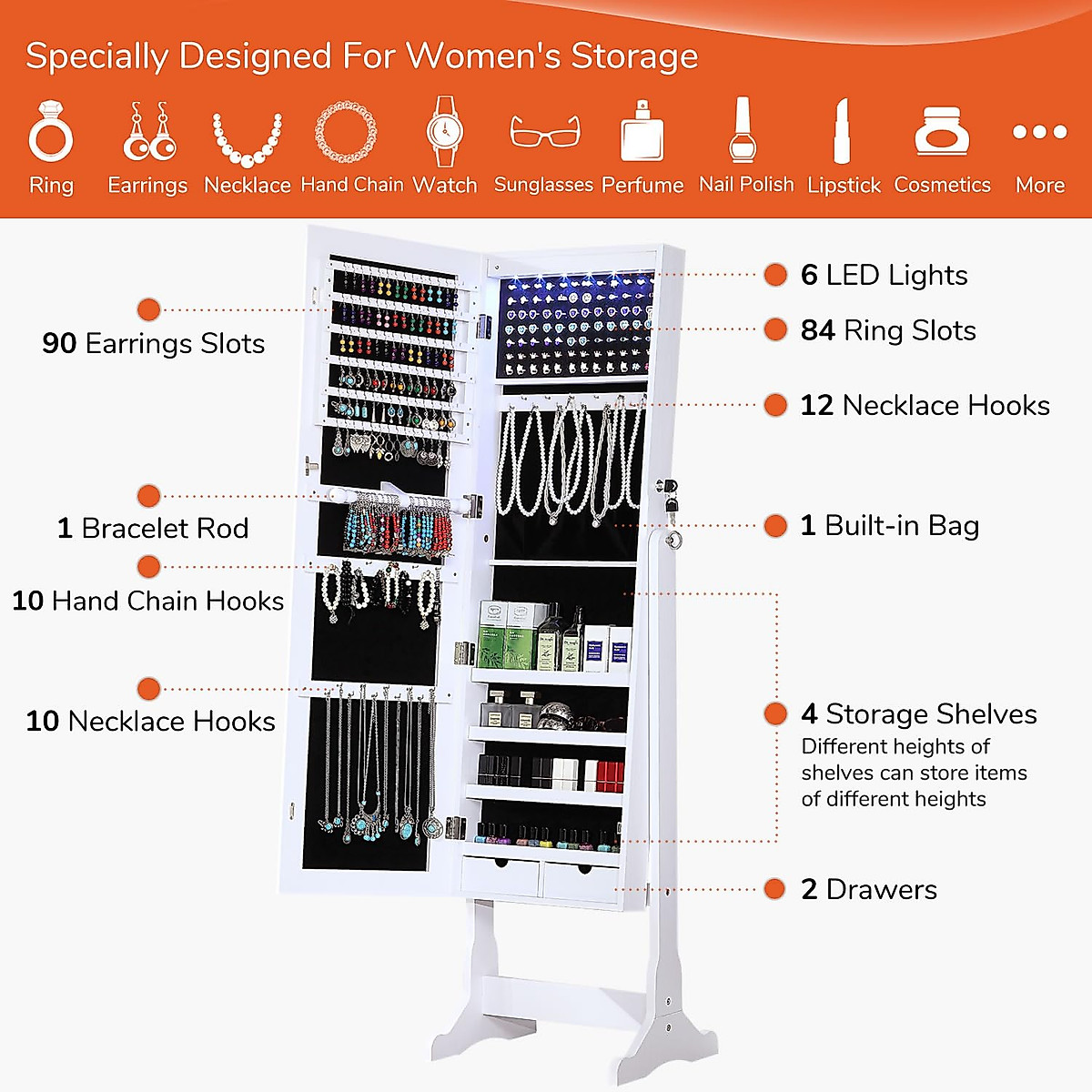 GISSAR Jewelry Organizer Full Length Mirror Jewelry Cabinet Standing/Wall/Hanging Door Jewelry Armoire Storage with Lights, Lockable, White