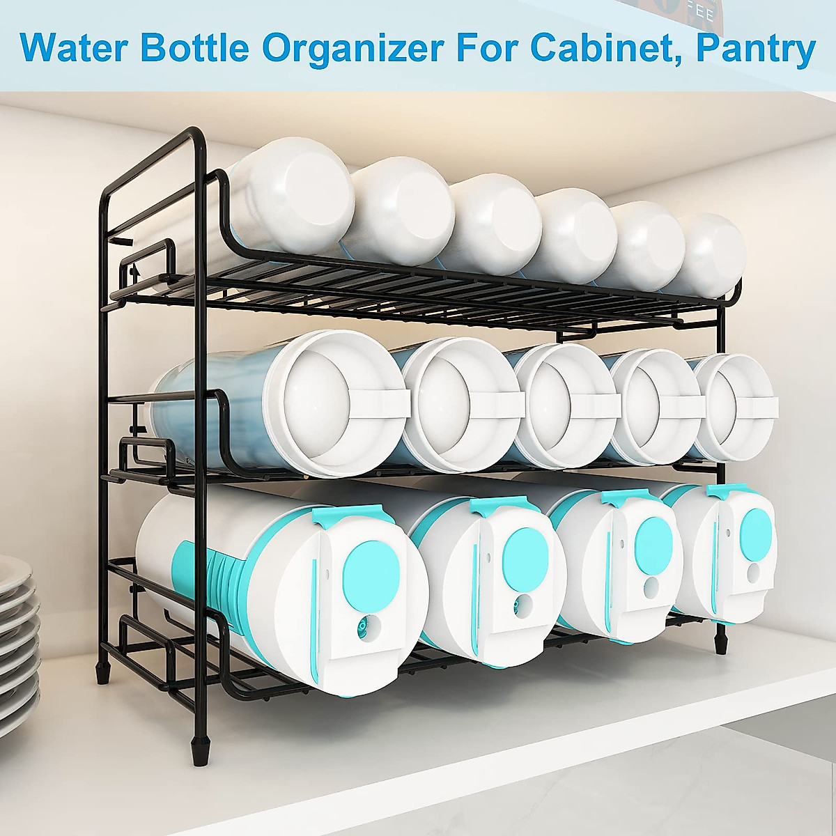 Mefirt Water Bottle Organizer, 3-Tier Water Bottle Organizer for Cabinet, Stackable Water Bottle Storage Rack, Soda, Can, Water Bottle Holder for Cabinet, Kitchen Countertops, Pantry, Fridge (2 PK)