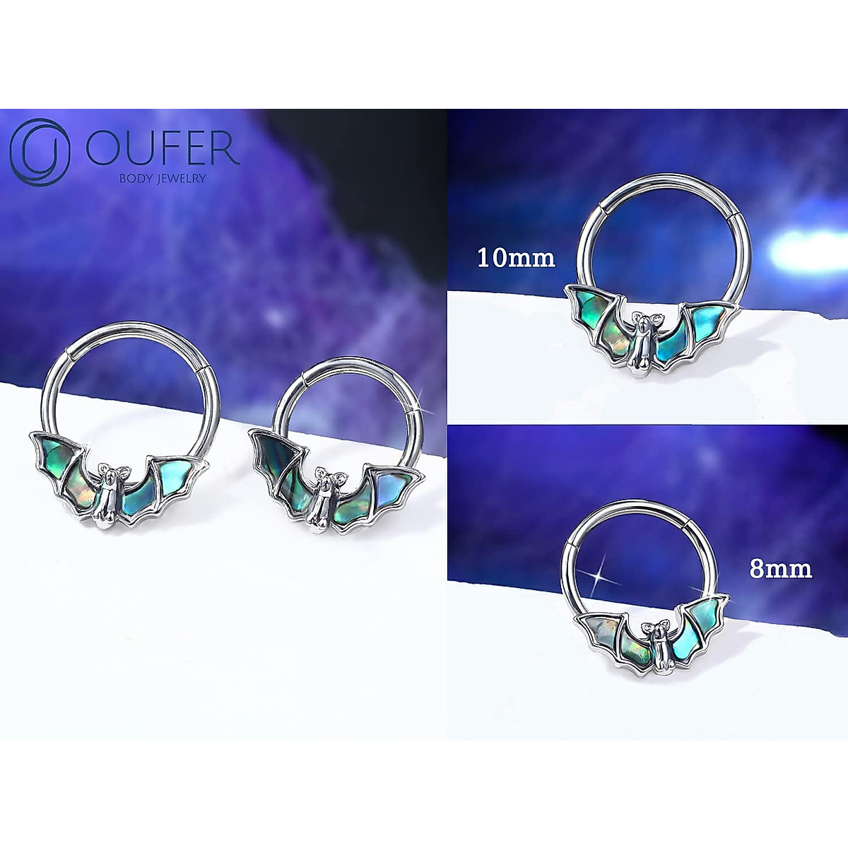 OUFER 16G Septum Rings Hoops, 316L Stainless Steel Septum Piercings, Black Bat Design Cartilage Earrings, Helix Conch Daith Piercing Jewelry for Women and Men-10MM