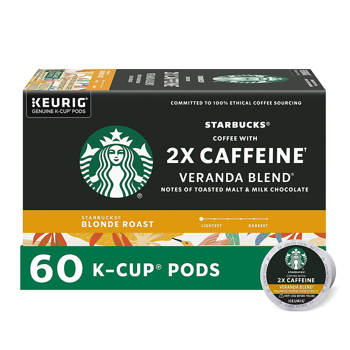 Starbucks K-Cup Coffee Pods, Starbucks Blonde Roast Coffee With 2X Caffeine Veranda Blend For Keurig Coffee Makers, 100% Arabica, 6 Boxes (60 Pods Total)