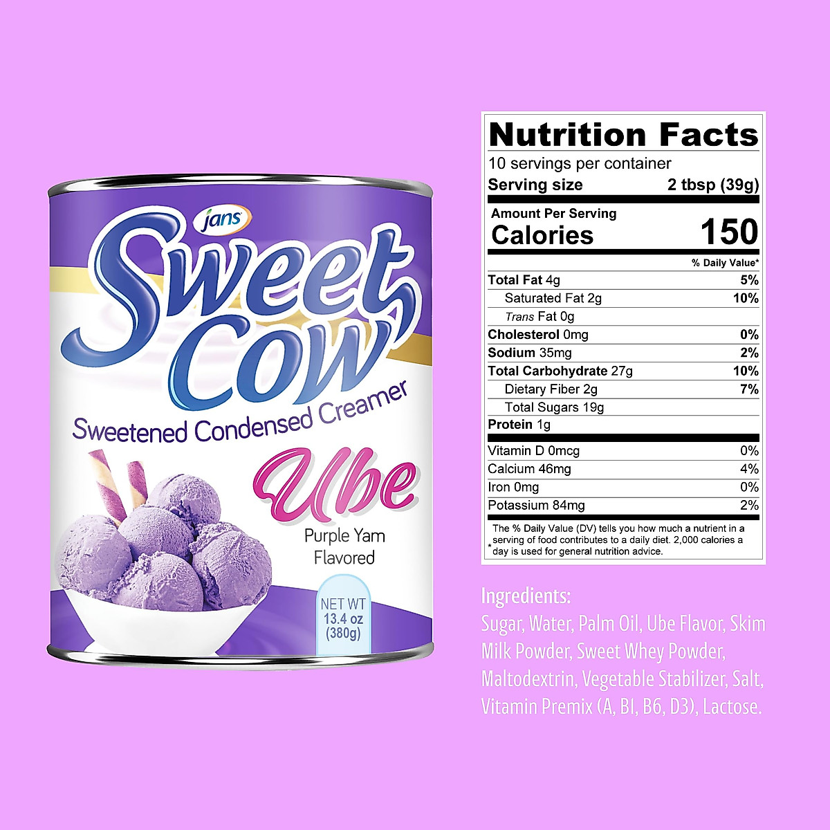 Jans Sweet Cow - Ube Flavored Sweetened Condensed Creamer - Purple Colored Sweet Potato Creamer for Baking Cooking Dessert 13.40 oz per pack (Ube, Pack of 2)