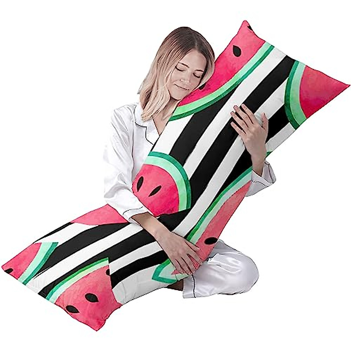 Body Pillow Cover with Zipper Closure, Super Soft and Cozy Body Pillow Case Cover Luxury Long Body Pillowcase Tropical Fruit Watermelon Pink Summer Stripe Black and White Background 20 x 54 Inches