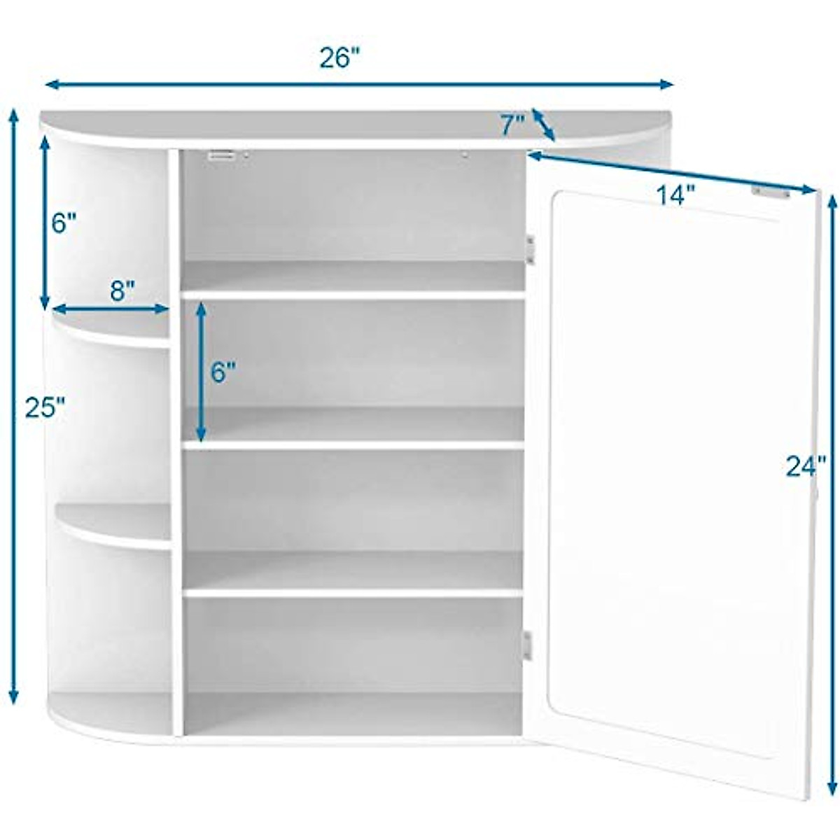 Casart Wall Mounted Bathroom Cabinet with Mirror, Single Door Medicine Cabinet with 4-Tier Inner Shelf
