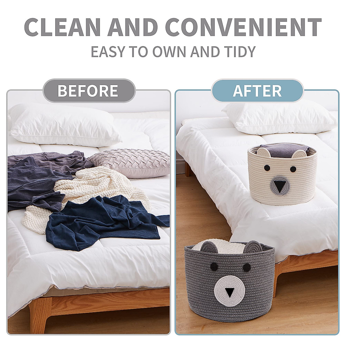 MELLBAY Cotton Rope Storage Basket, Cute Bear Toy Basket with Handles, Nursery Storage, Baby Laundry Basket, Clothes, Towels, Animal Baskets as Gift for Kids, christmas baskets, White, 16”(D) x 14”(H)