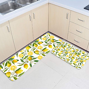 2 Piece Kitchen Mat Set,Summer Fruit Soft Rugs Cushioned Non Slip Area Rug Runner Carpet Water Absorbent Indoor Doormats Yellow Lemon Floal