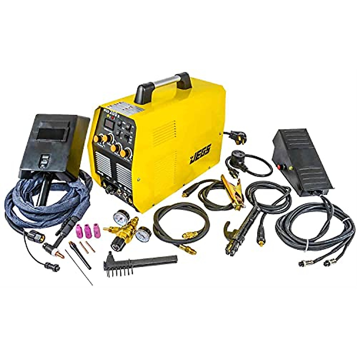 JEGS TIG & MMA 200 | 120V or 220V Power | Duty Cycle: 60% @ 180A @ 230V | Includes Foot Pedal, TIG Welding Torch, Arc Welding Electrode Holder, Ground Clamp, & Regulator | Simple Controls & Operation