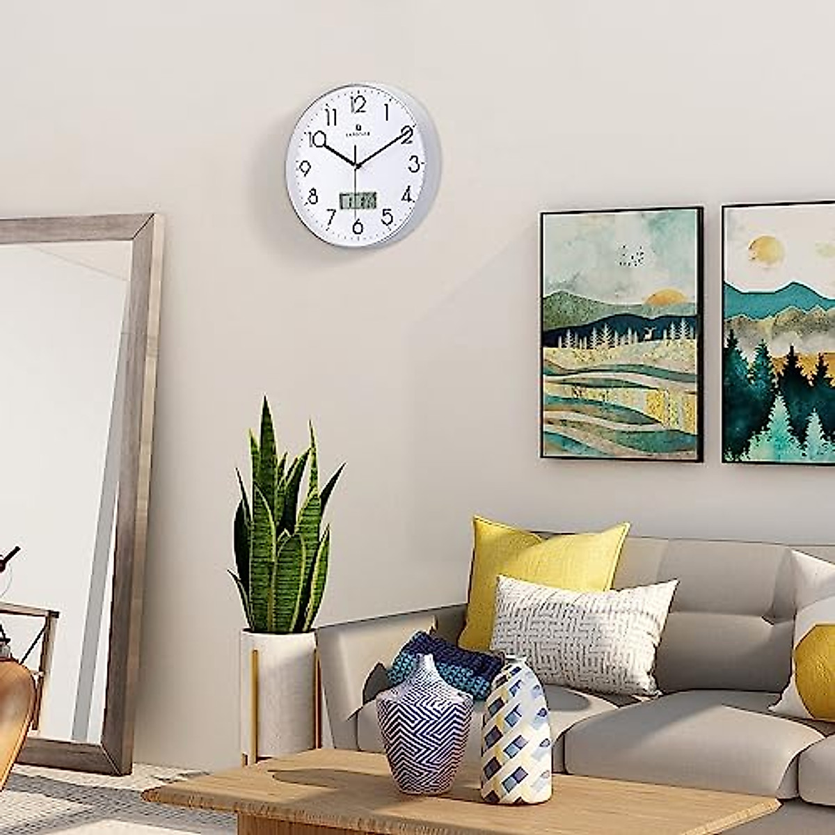 Lafocuse Silver Wall Clock with Date,Month,Day of Week and Temperature, Silent Non-Ticking Battery Operated Clock for Living Room Bedroom Office Decor