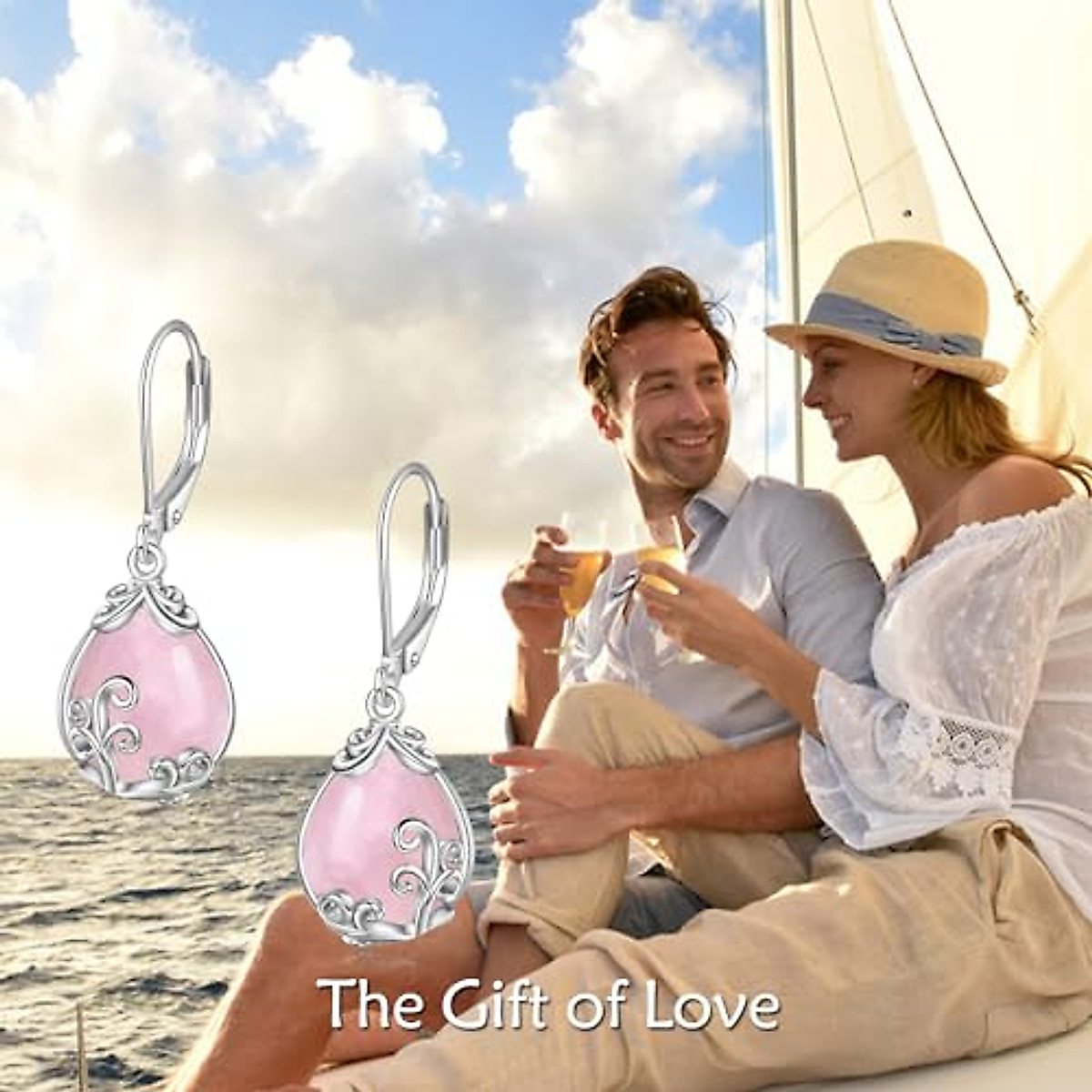 POPLYKE Rose Quartz Filigree Teardrop Drop Dangle Earrings Sterling Silver Pink Crystal Leverback Earrings Jewelry for Women