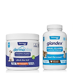 VETNIQUE Dermabliss Seasonal Dog Allergy Chews (60ct) & Glandex Anal Gland Support Powder with Pumpkin for Dogs (5.5oz Beef) Bundle