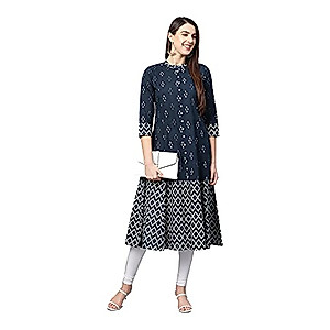 Yash Gallery Women's Cotton Ikat Print A-Line Kurta (Blue)