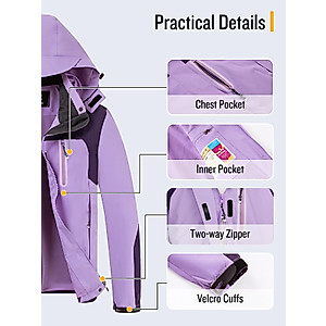 SaphiRose Womens Waterproof Rain jacket Lightweight Active Outdoor Raincoat with Removable Hood (Purple,Large)